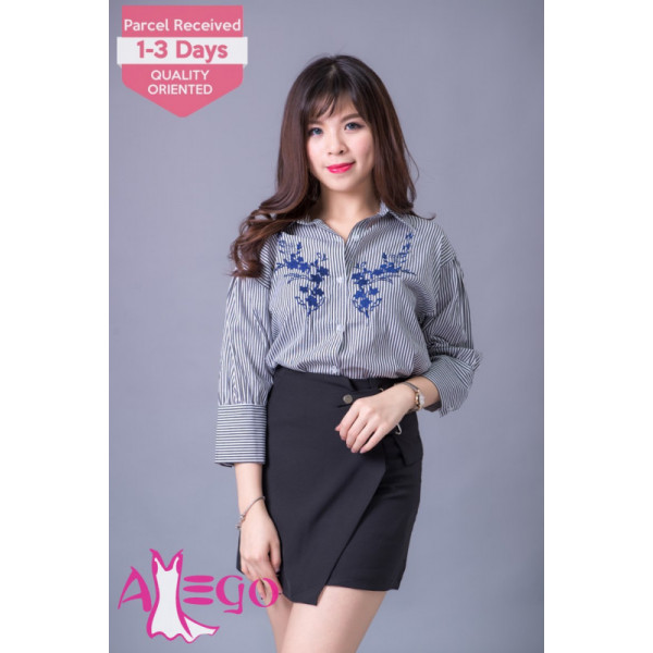 Amego Ladies Stripe Embroider Long Sleeve Top Blouse - M0161 Black | PGMall