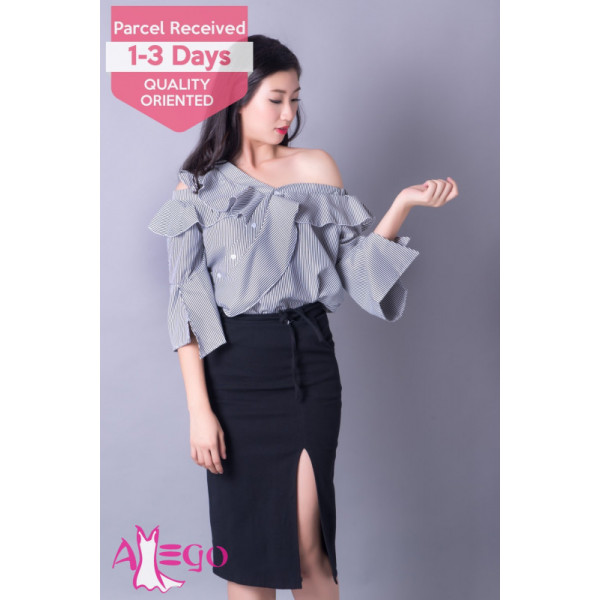 Amego Ladies Stylish Long Sleeve Lotus Side Stripe Top Blouse - M0221 Light blue | PGMall