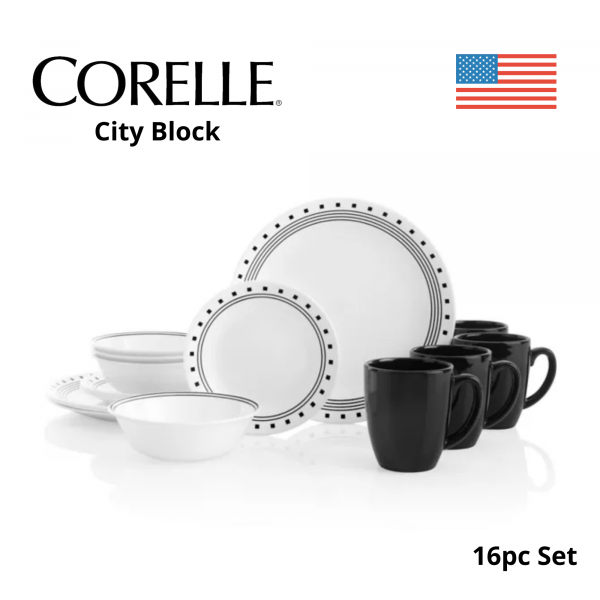 Corelle City Block 16pc Dinnerware Set (1074208) Black | PGMall