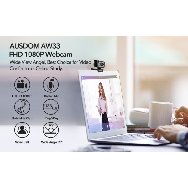 Ausdom AW33 1080P Live Stream Webcam With Mic Black | PGMall