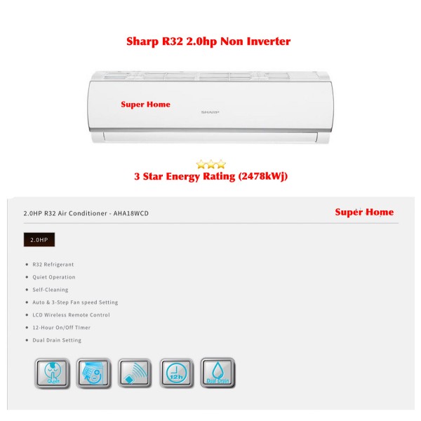 Sharp 2hp Non Inverter Aircond AHA18WCD & AUA18WCD Sharp R32 2.0hp eco ...