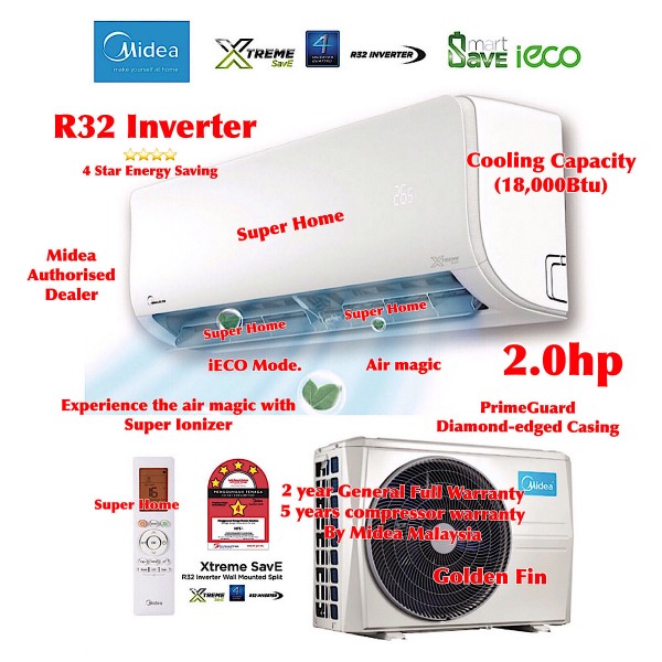 Midea Inverter Aircond Xtreme Save 2.0hp R32 Inverter Aircond MSXS-19CRDN8 Super ionizer Wall ...