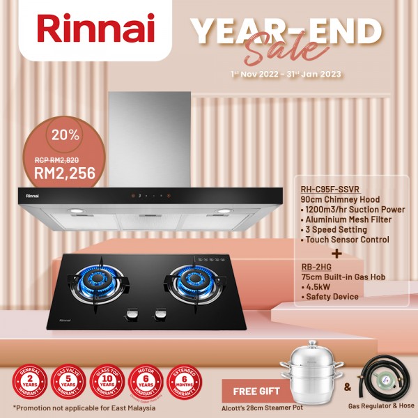 Rinnai e-Package RH-C95F-SSVR 90cm Cooker Hood + RB-2HG 75cm Built-in Gas Hob Silver | PGMall