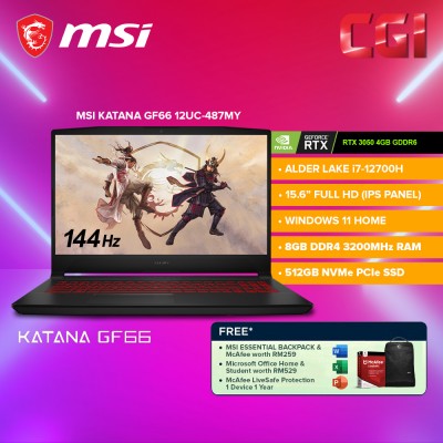 MSI Katana GF66 12UC-487MY Gaming Laptop I7-12700H|RTX3050 4GB|15.6" FHD 144Hz|8GB|512GB|W11H ...