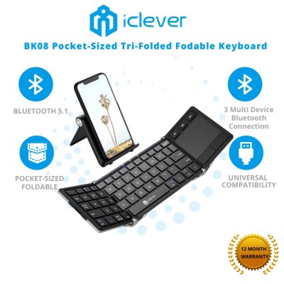 iClever BK08 Bluetooth Keyboard with Sensitive Touchpad (Sync Up to 3 Devices), Pocket-Sized Tri ...