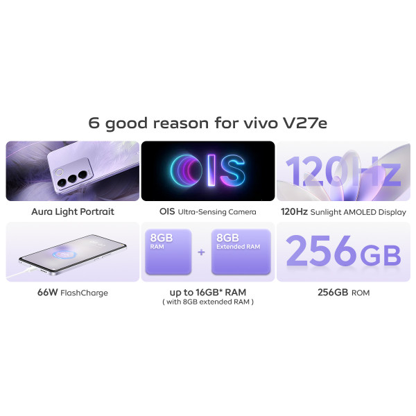 vivo V27e Smartphone 16GB*RAM +256GB ROM Aura Light Portrait 120Hz ...