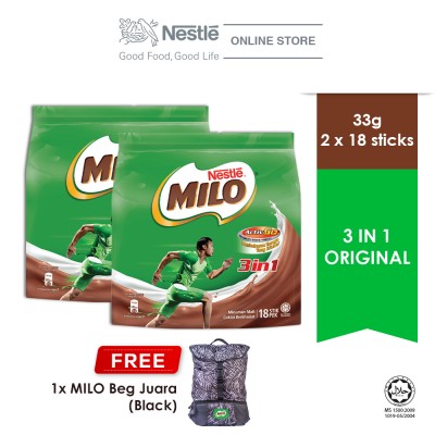 NESTLE MILO 3IN1 ACTIV-GO 18 Sticks, Buy 2 Free 1 MILO Juara Bag (Black ...