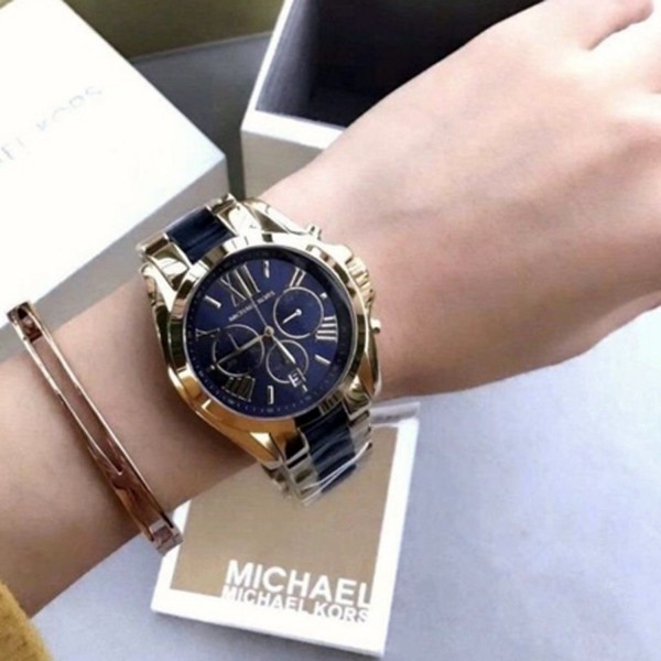 Authentic Michael Kors Women Bradshaw Blue Dial Gold Stainless Steel ...